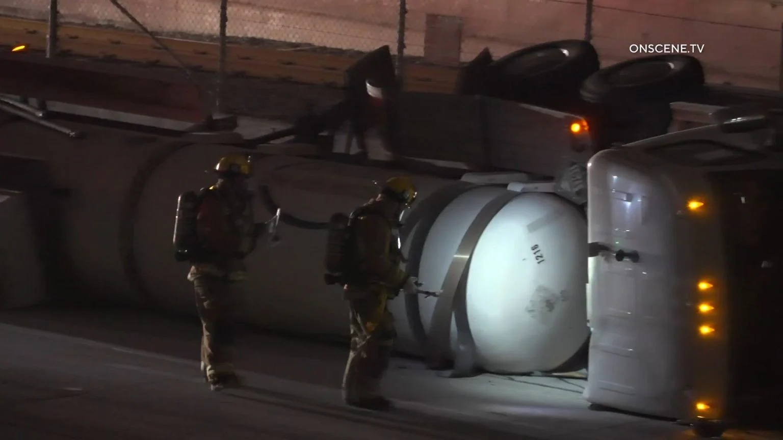 Bleach Tanker Truck Overturns on 105 Freeway in South LA - MyNewsLA.com